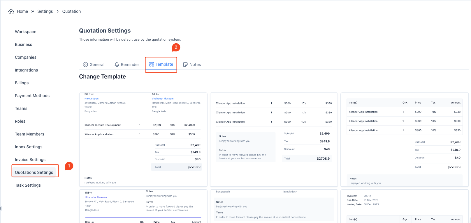 How to set default Quotation Template