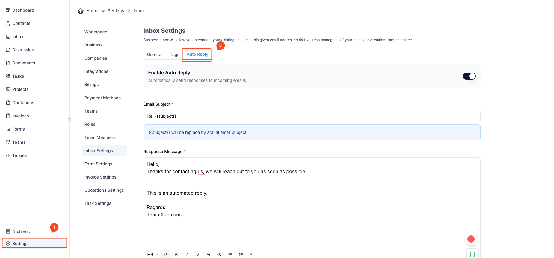 How to setup auto reply for business inbox? - Taskip