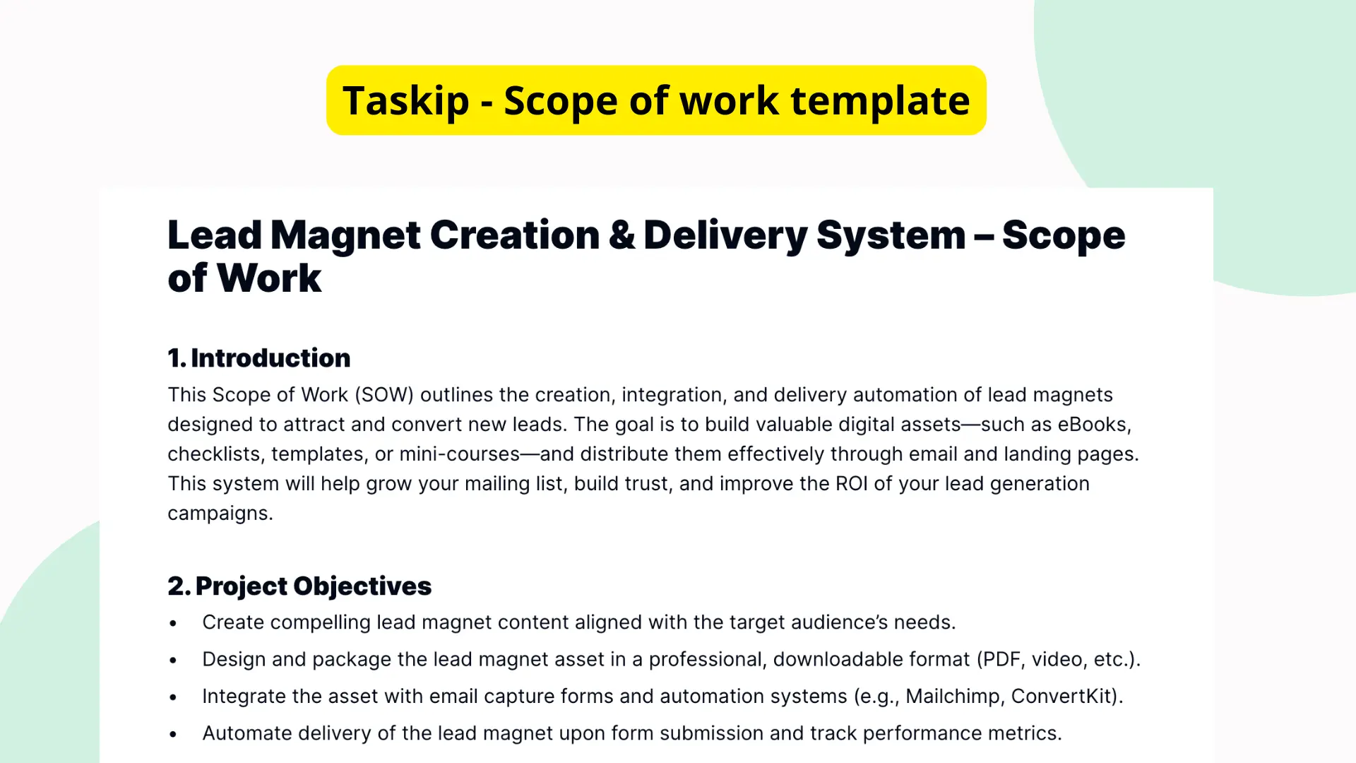 Lead Magnet Scope of Work Template | Download Delivery Funnel SOW | Taskip