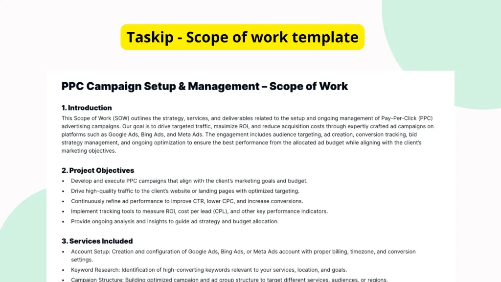 Ppc Campaign Setup And Management Scope Of Work Template Taskip