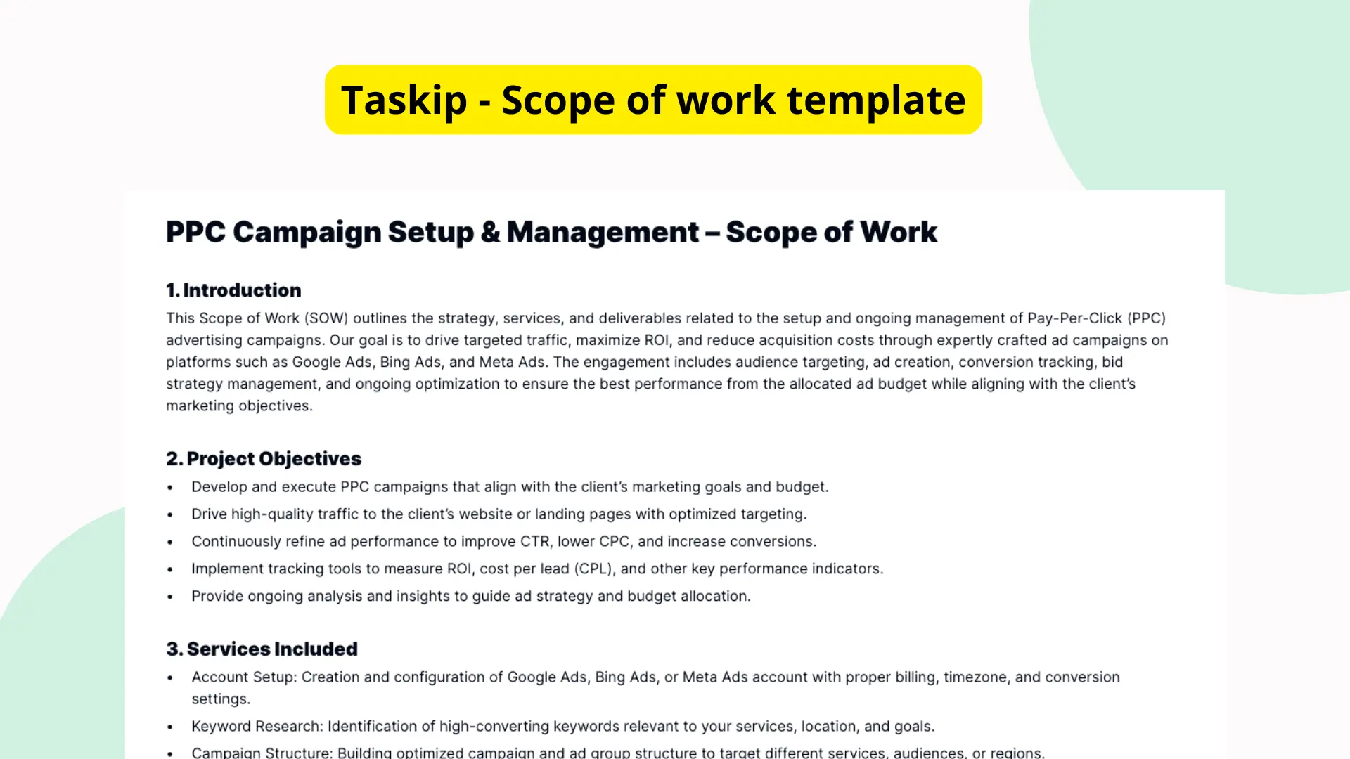Ppc Campaign Setup And Management Scope Of Work Template Taskip