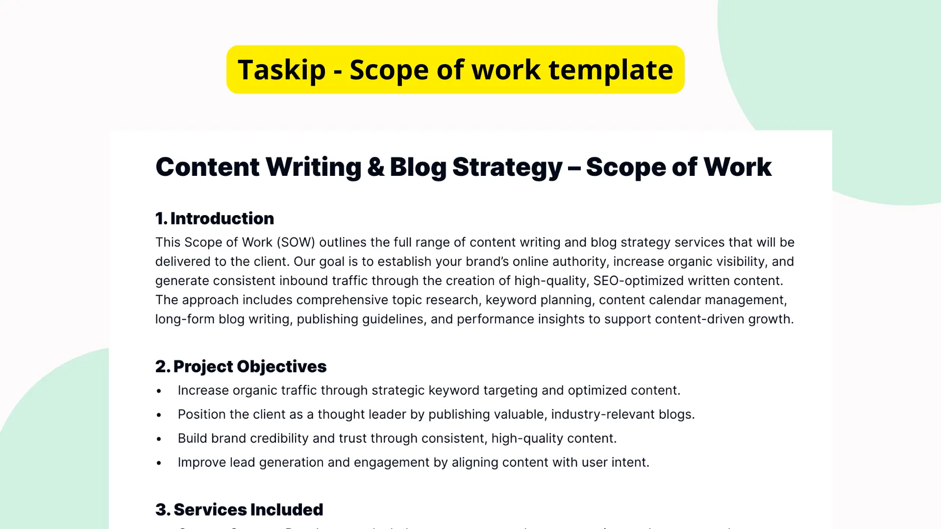 Content Writing Scope Of Work Template Blog Strategy Sow Taskip