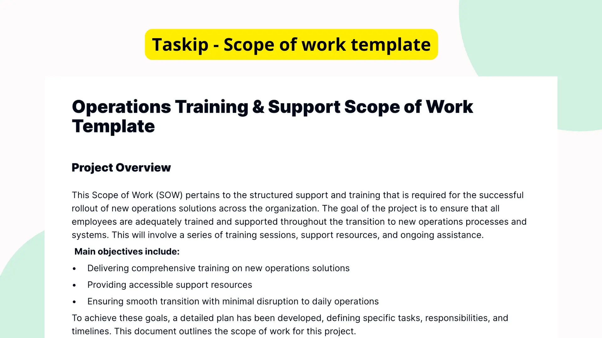Operations Training & Support Scope of Work Template - Taskip