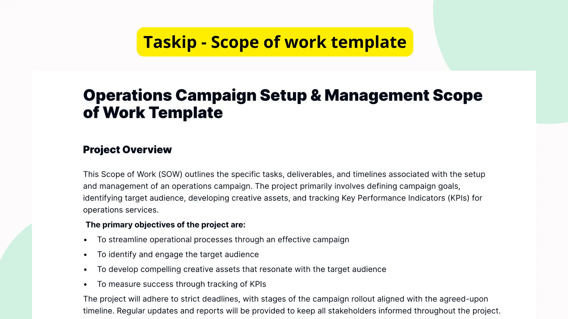 Operations Campaign Setup & Management Scope of Work Template - Taskip