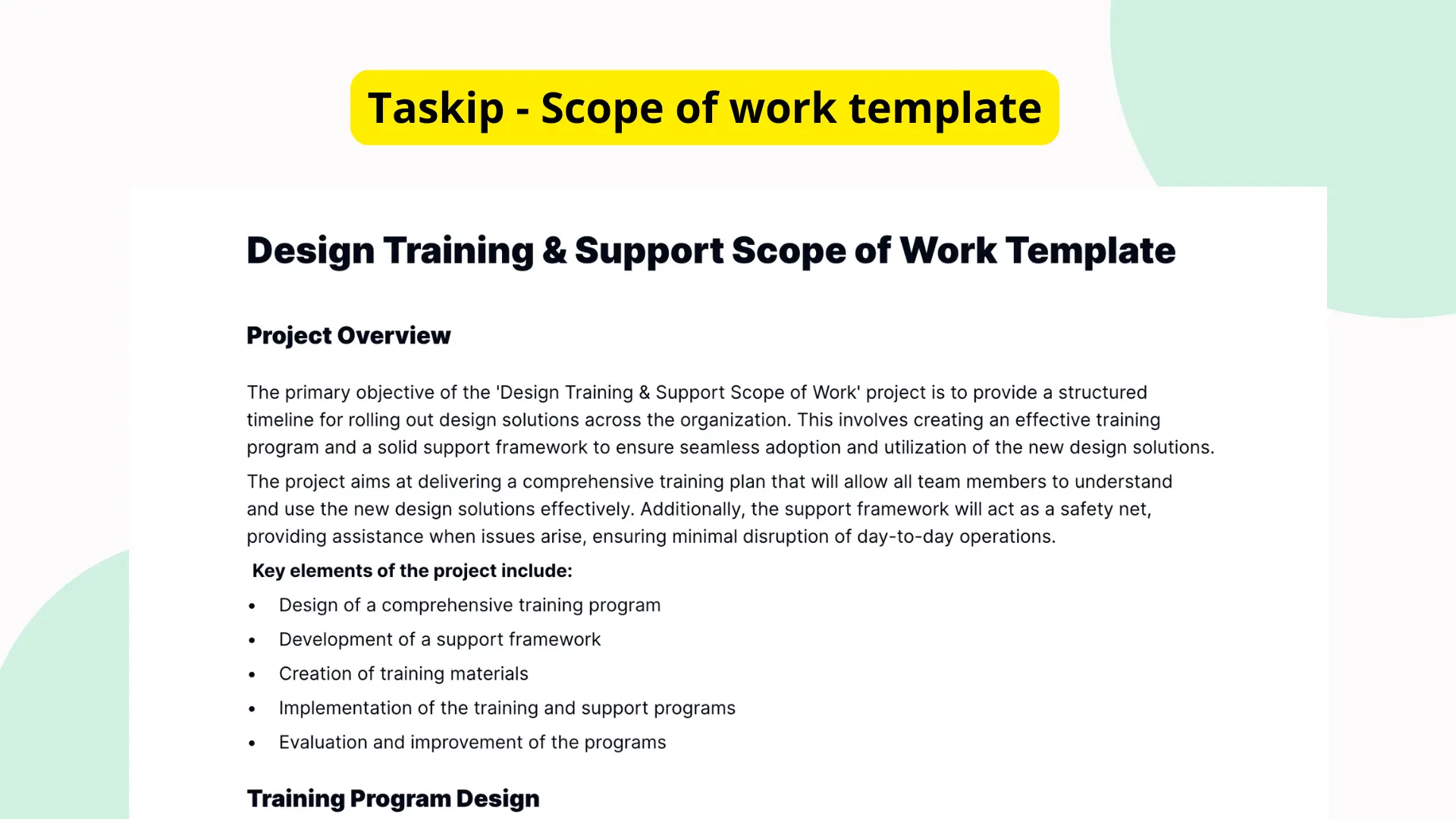 Design Training & Support Scope of Work Template - Taskip