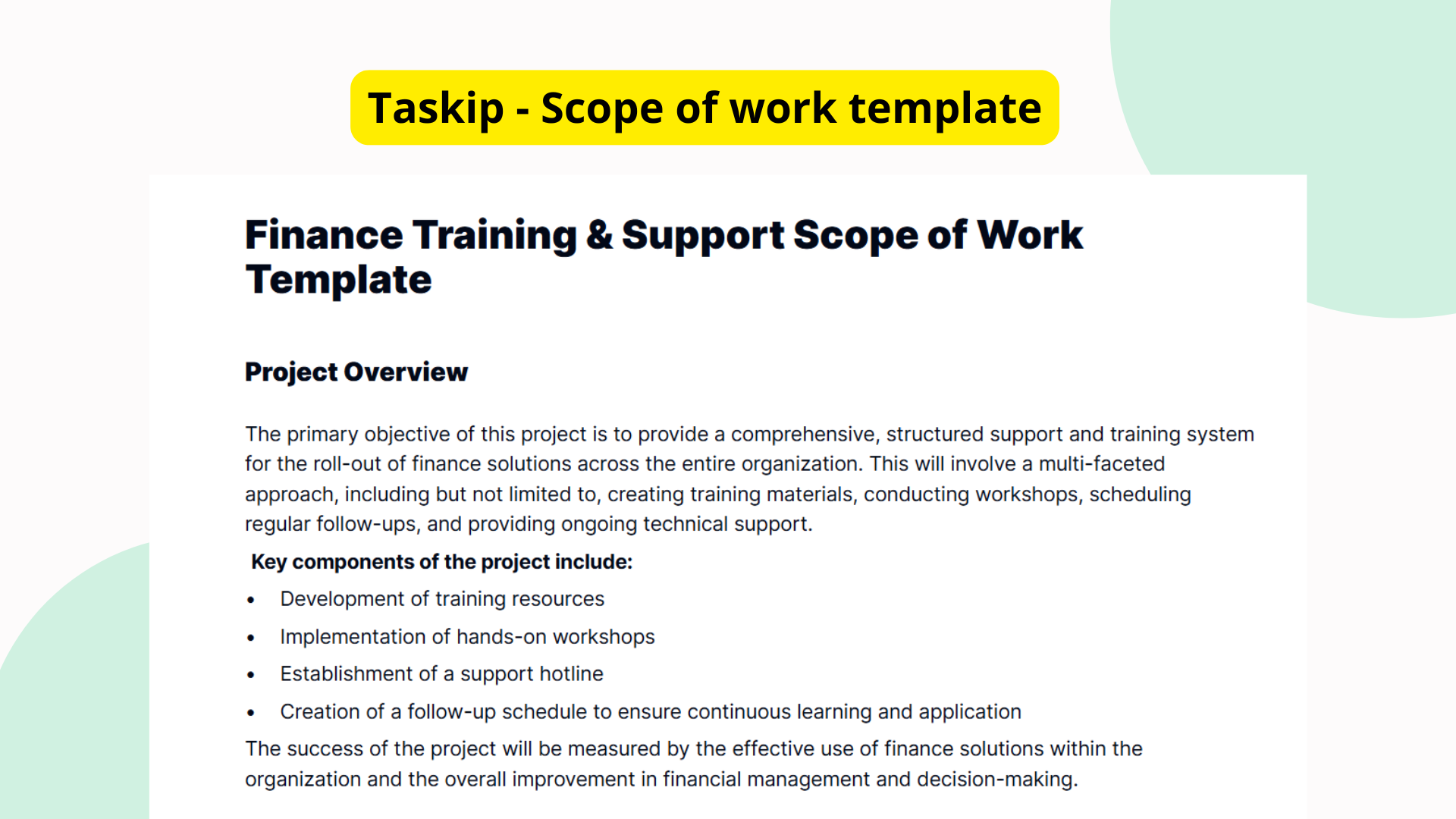Finance Training And Support Scope Of Work Template Taskip