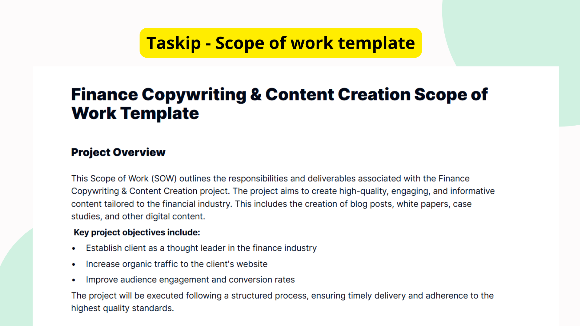 Finance Copywriting And Content Creation Scope Of Work Template Taskip