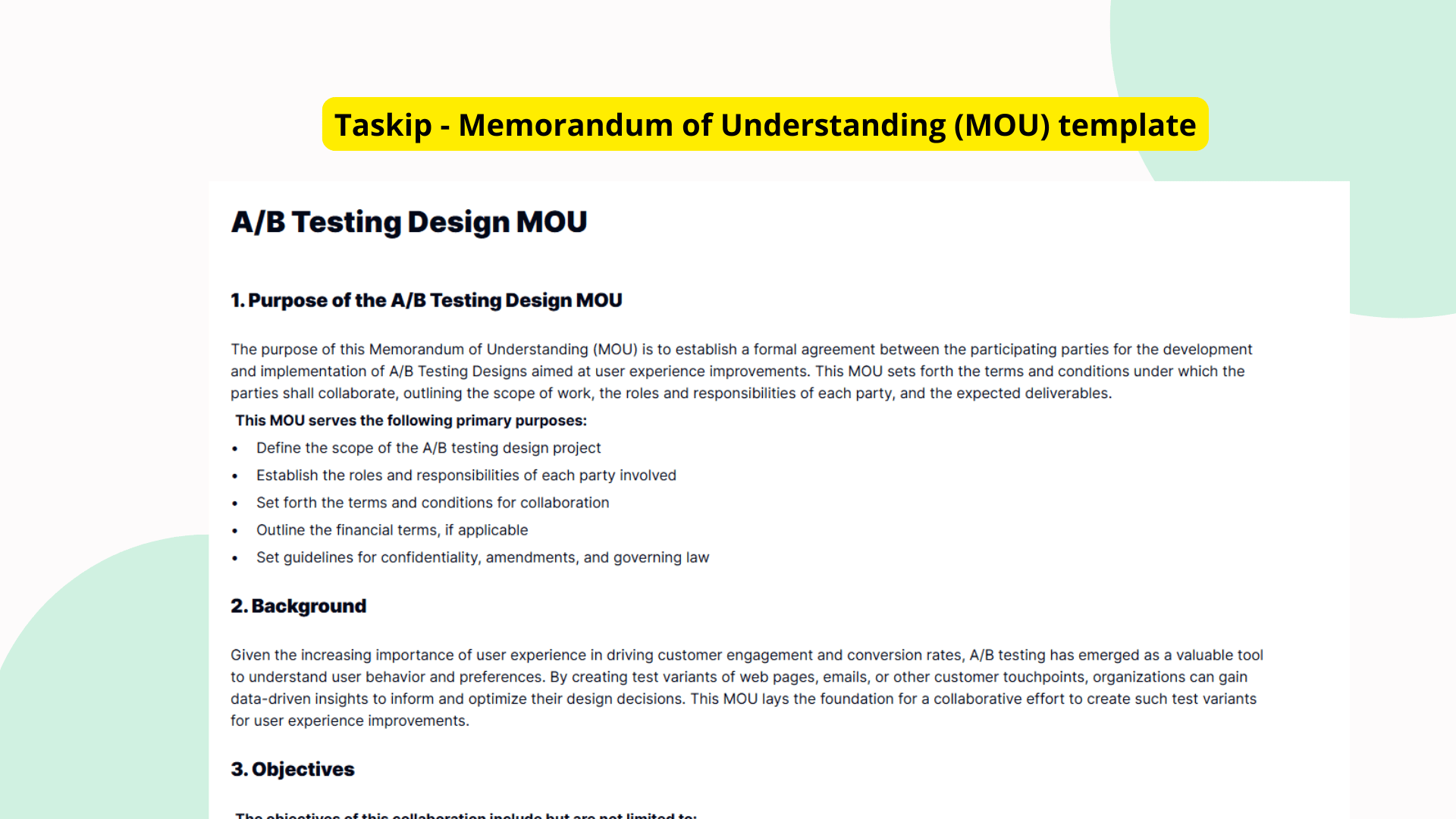A/B Testing Design MOU Template | Easy-to-Use MOU Framework