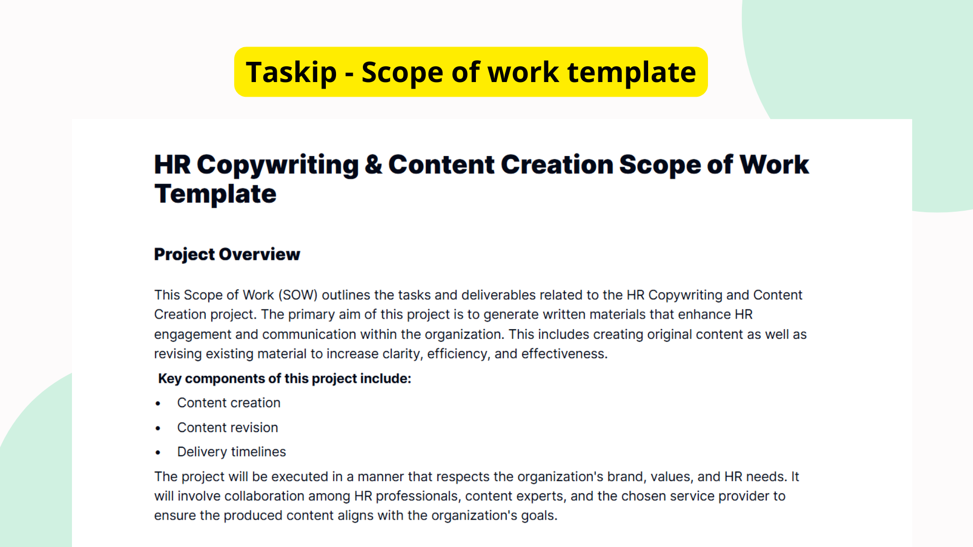 Hr Copywriting And Content Creation Scope Of Work Template Taskip
