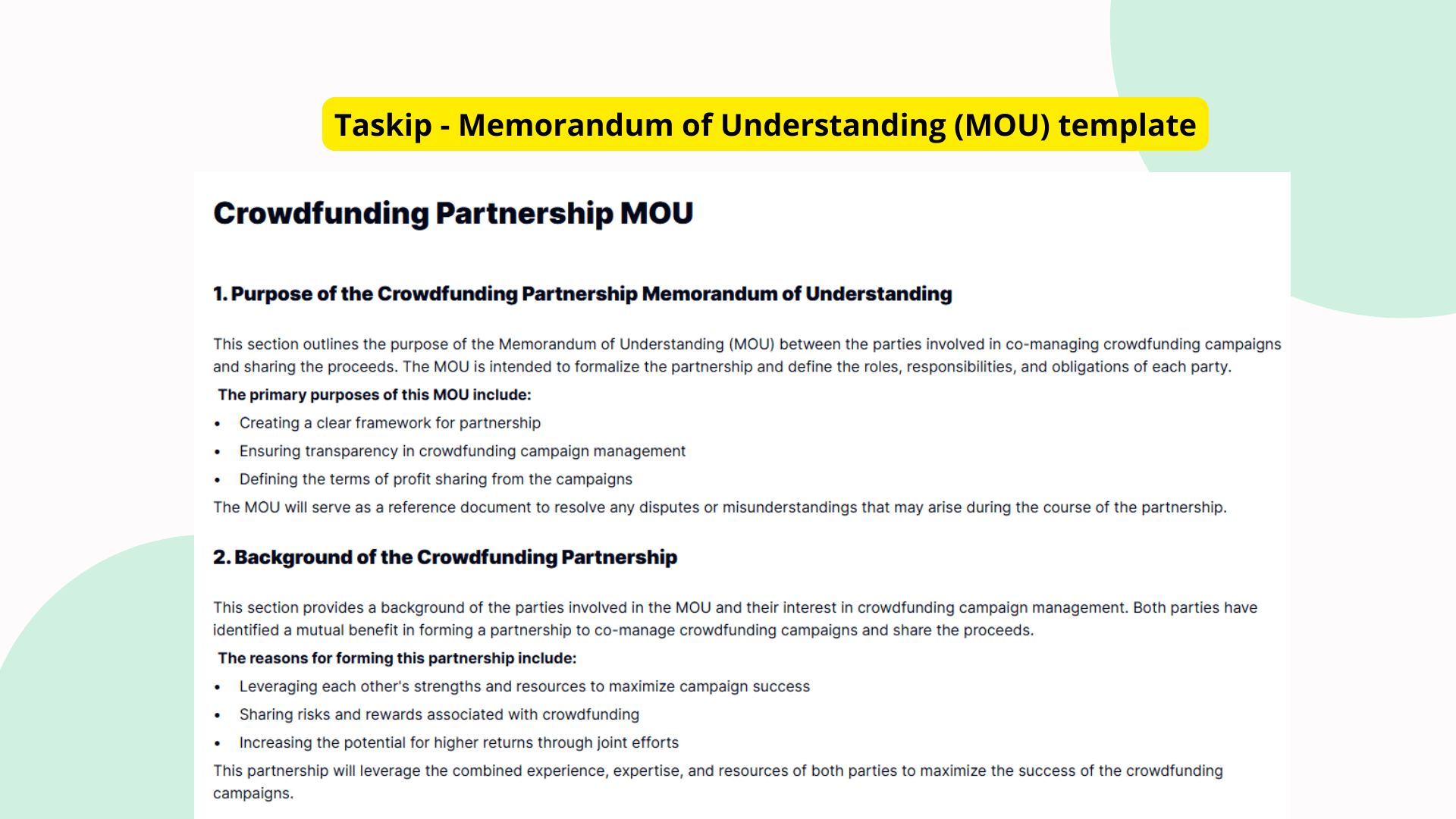 Crowdfunding Partnership MOU Template | Taskip