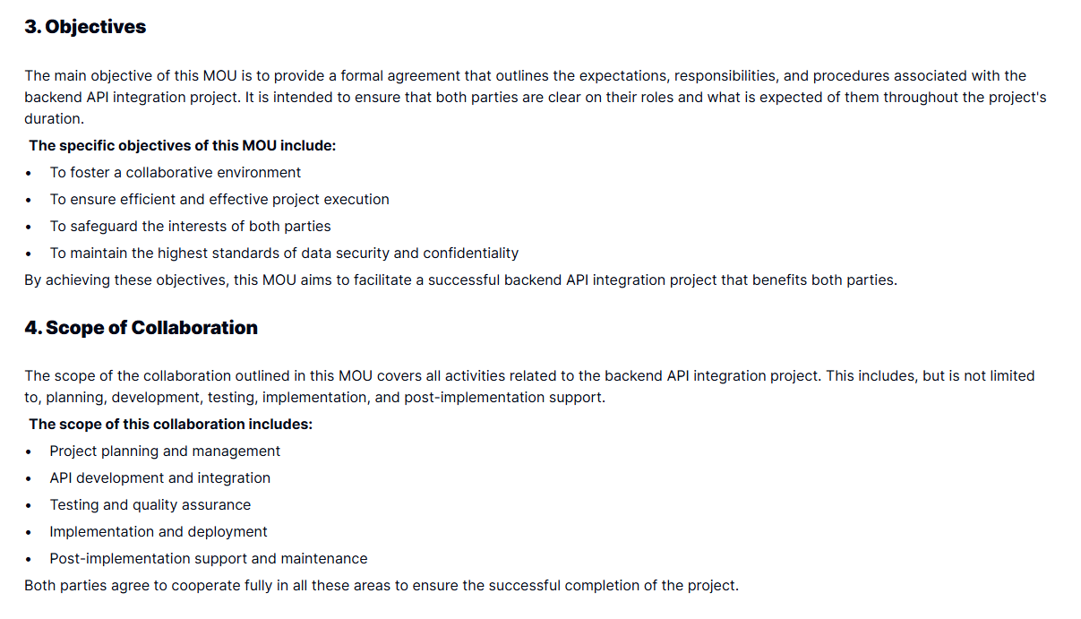 Backend API Integration MOU Template | Formalize Pre-Contract Deals