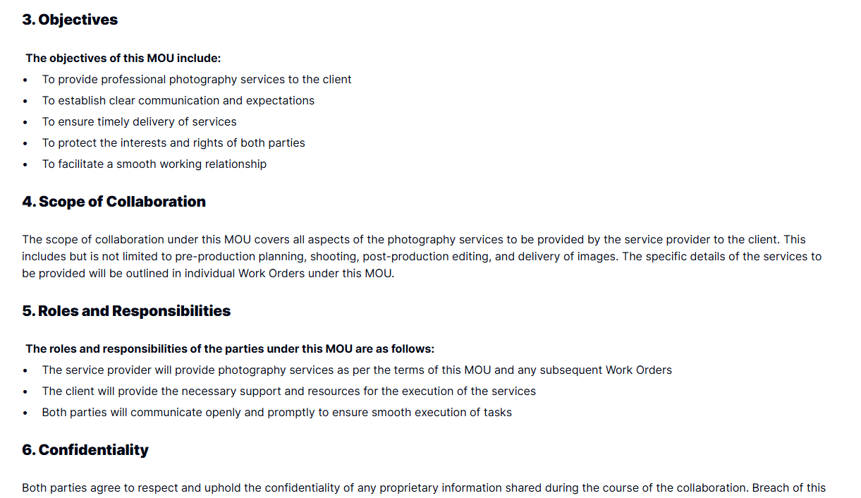 Photography Services MOU Template | Taskip