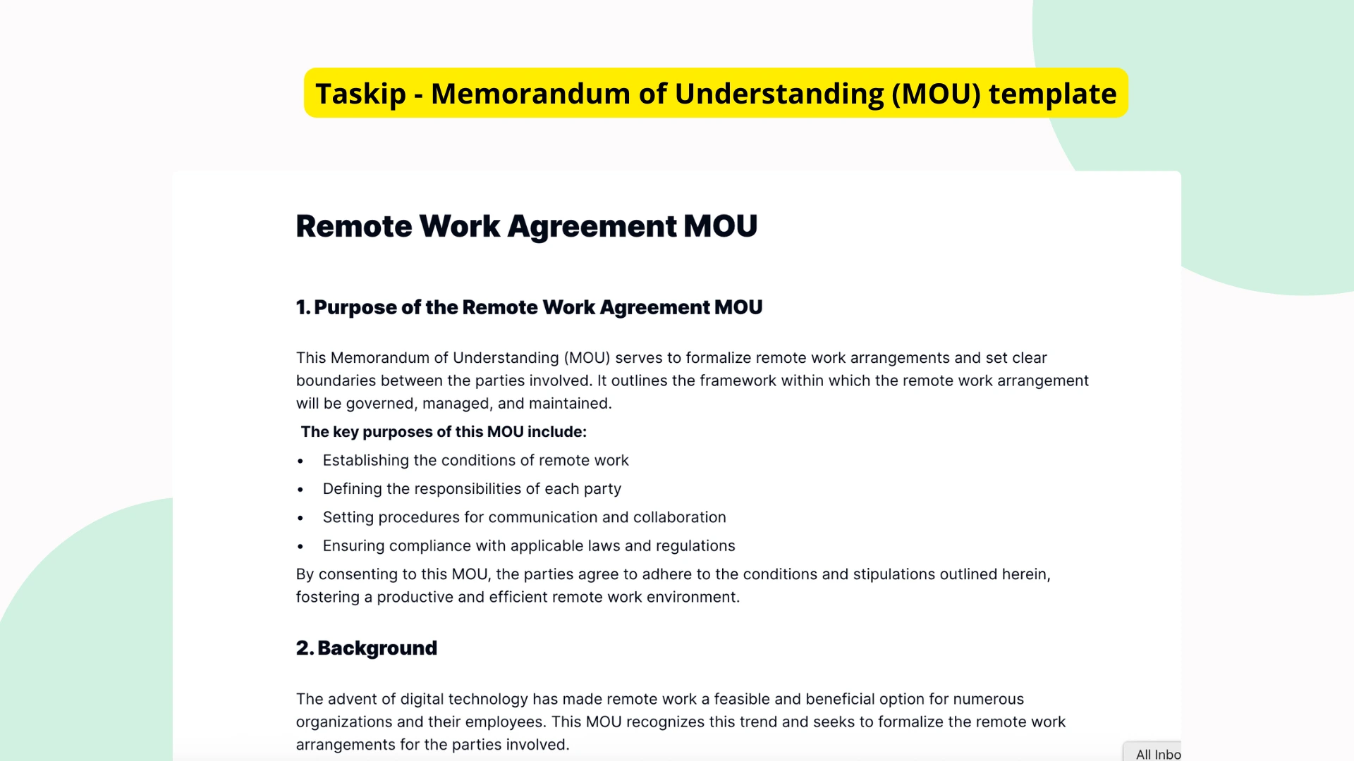 Remote Work Agreement MOU Template