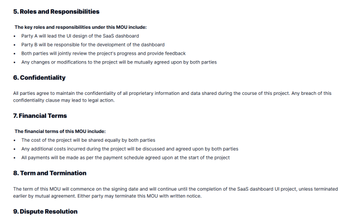 SaaS Dashboard UI MOU Template | Formalize Your Collaboration