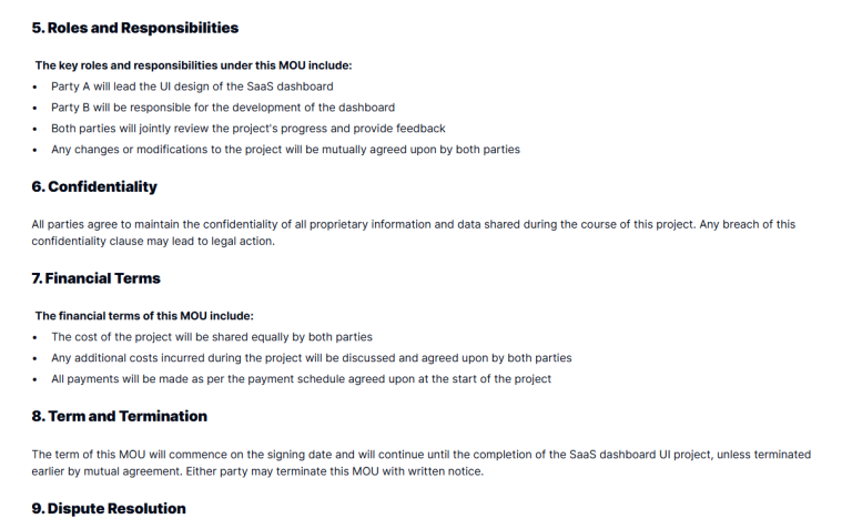 SaaS Dashboard UI MOU Template | Formalize Your Collaboration