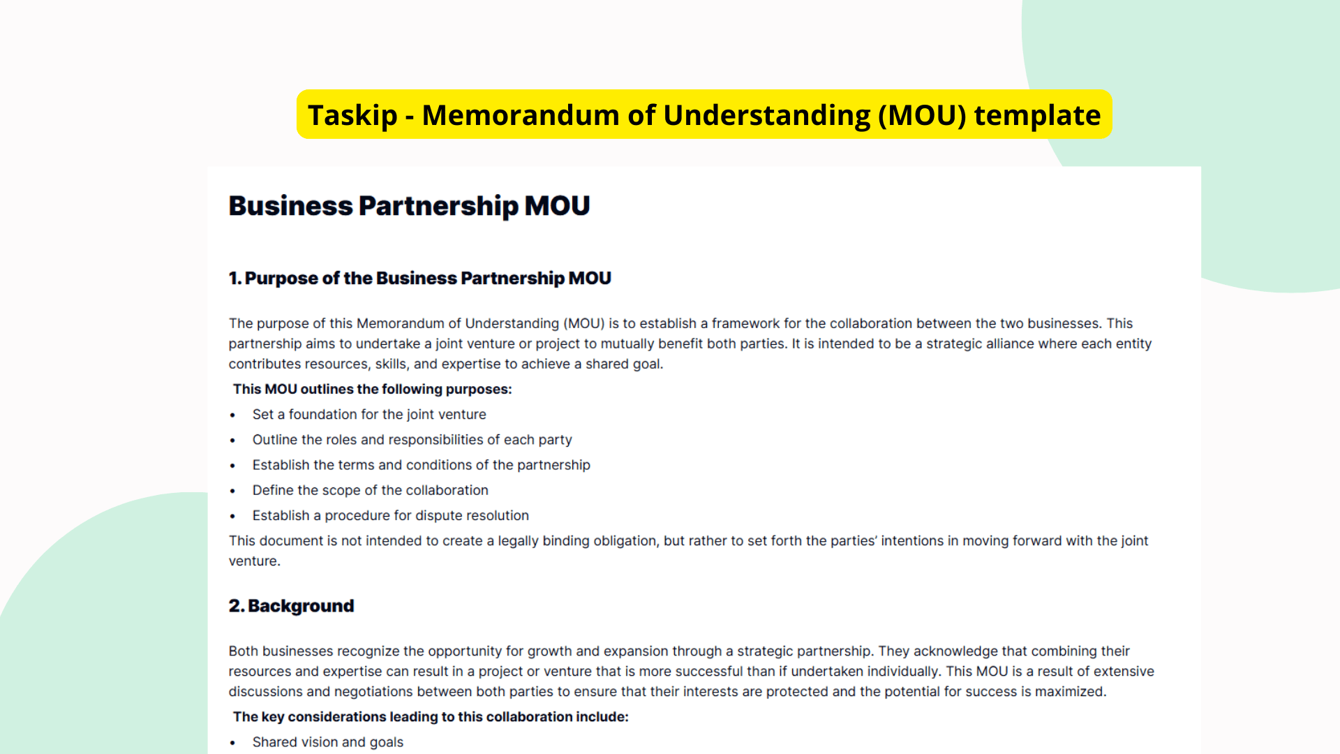 Professional Business Partnership MOU Template | Taskip