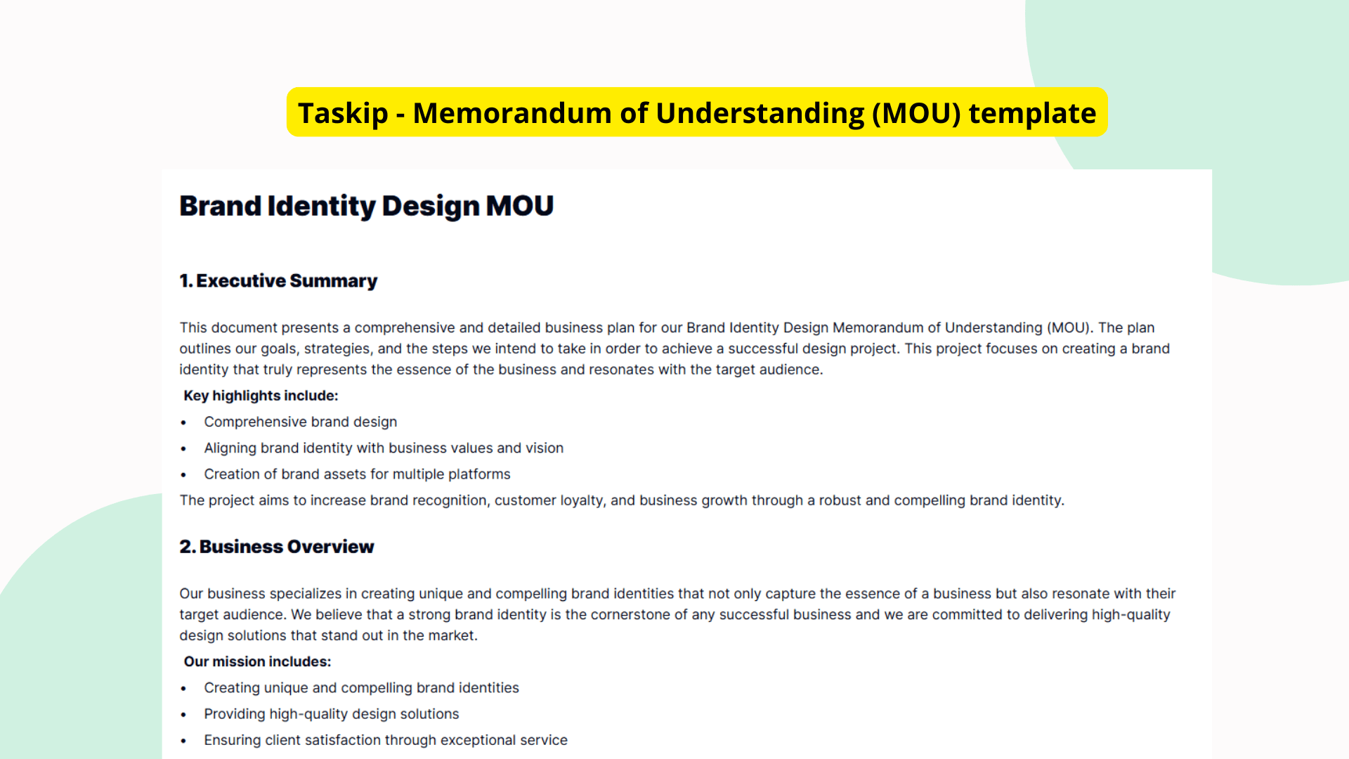 Brand Identity Design MOU Template | Ready-to-Use MOU in Taskip