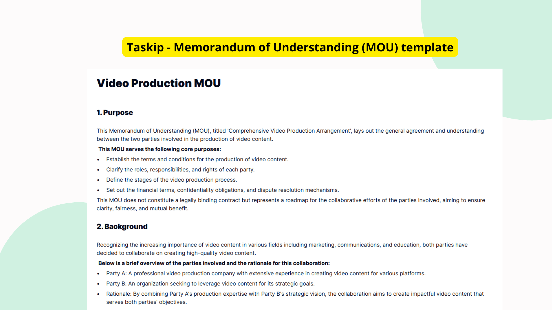 Video Production MOU Template | Easy Editable Agreement in Taskip