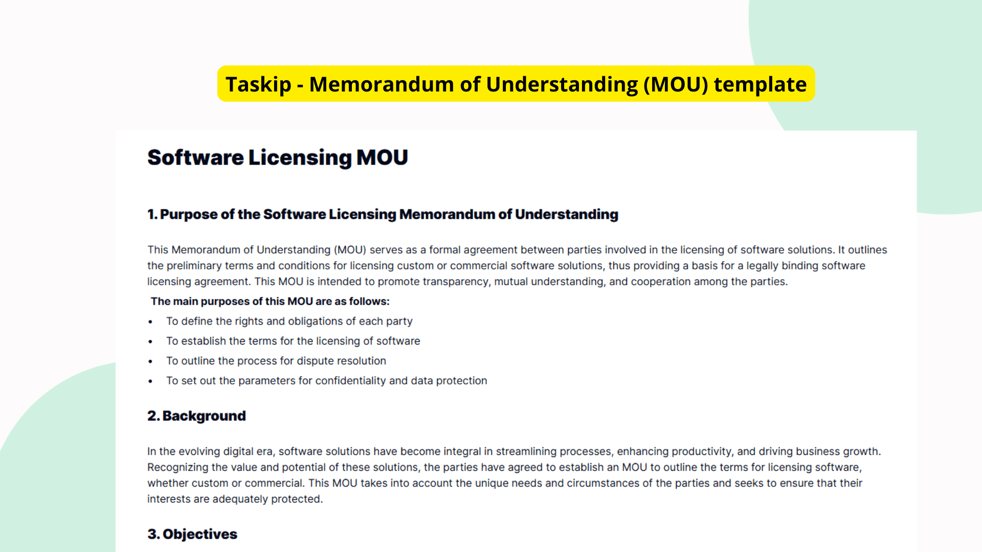 Software Licensing MOU Template | Free Editable Document Format - Taskip
