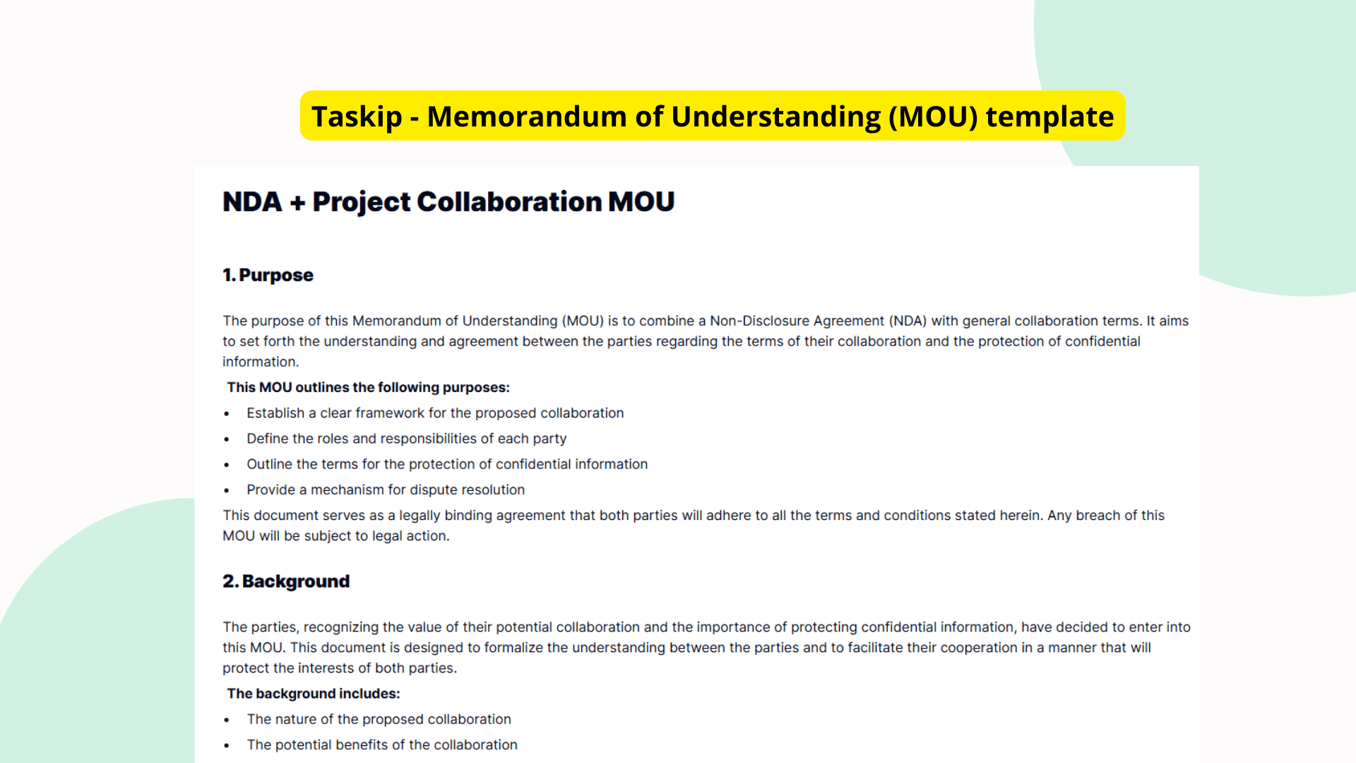 Download NDA + Project Collaboration MOU Template | Taskip