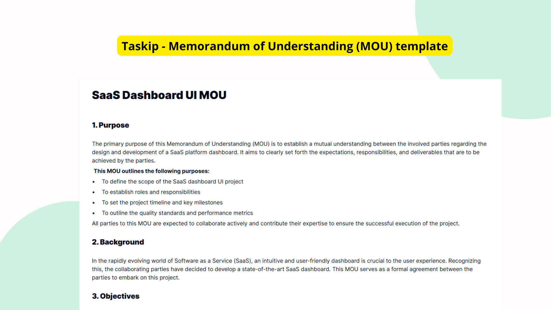 SaaS Dashboard UI MOU Template | Formalize Your Collaboration