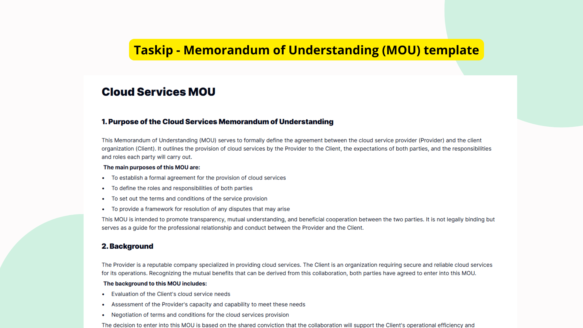 Cloud Services MOU Template | Download & Edit with Taskip