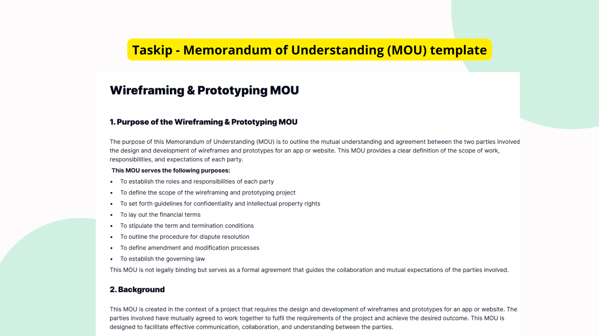 Wireframing & Prototyping MOU Template | Taskip