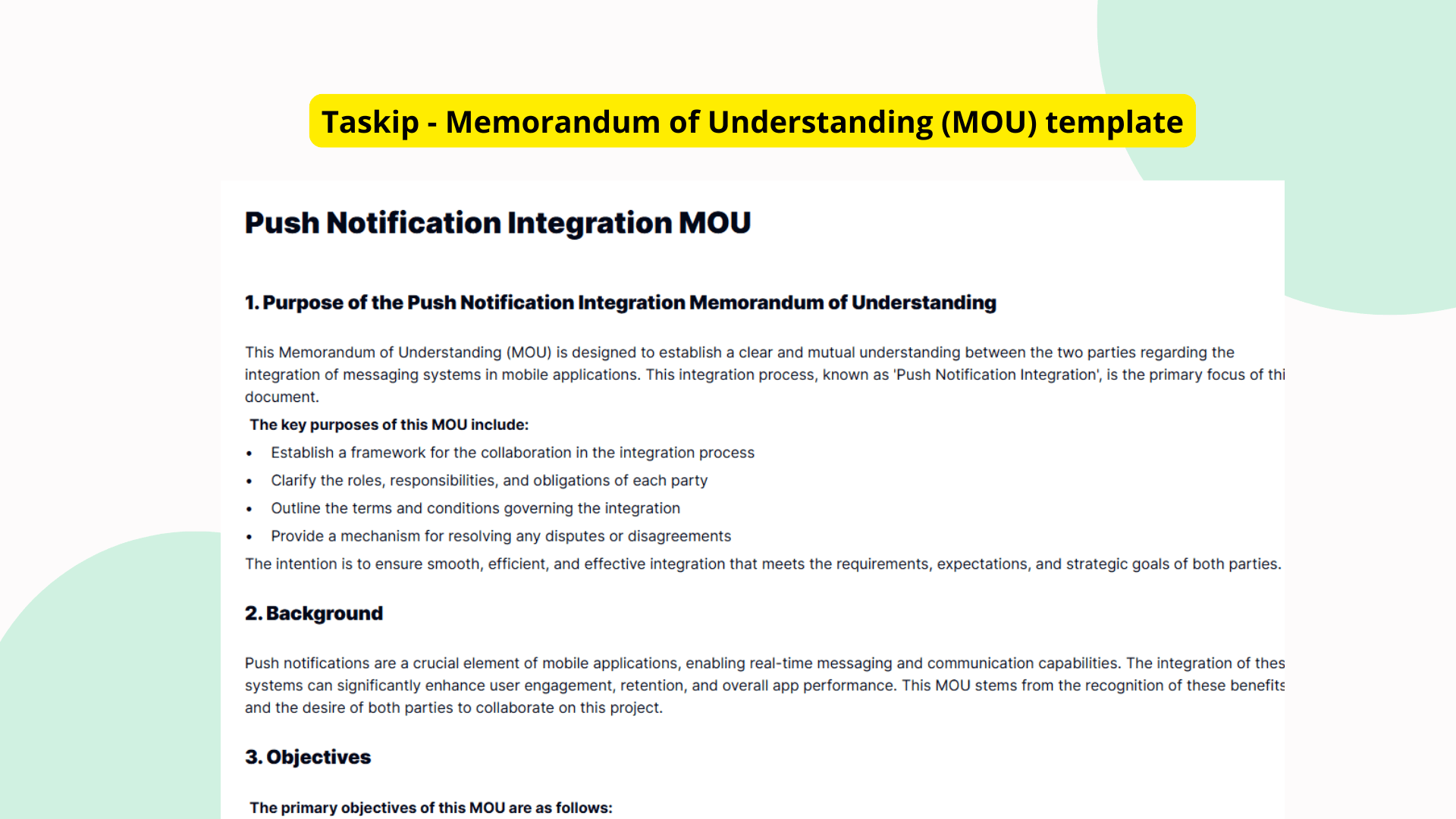 Push Notification Integration MOU Template for Business Agreements | Taskip