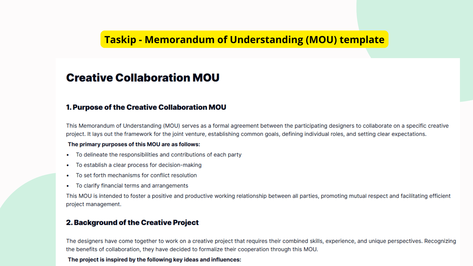 Creative Collaboration Mou Template Formalize Agreements Easily