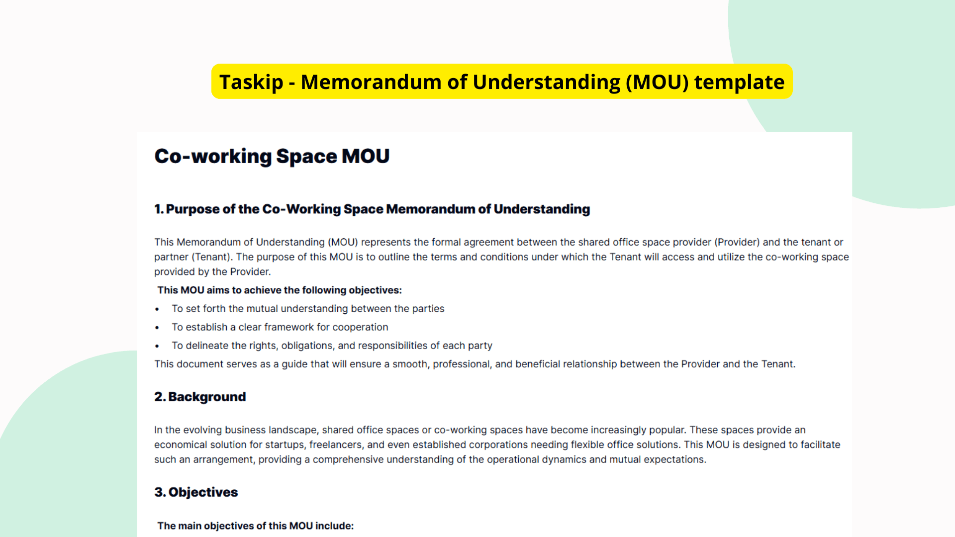 Co-working Space MOU Template – Create Clear Agreements with Taskip