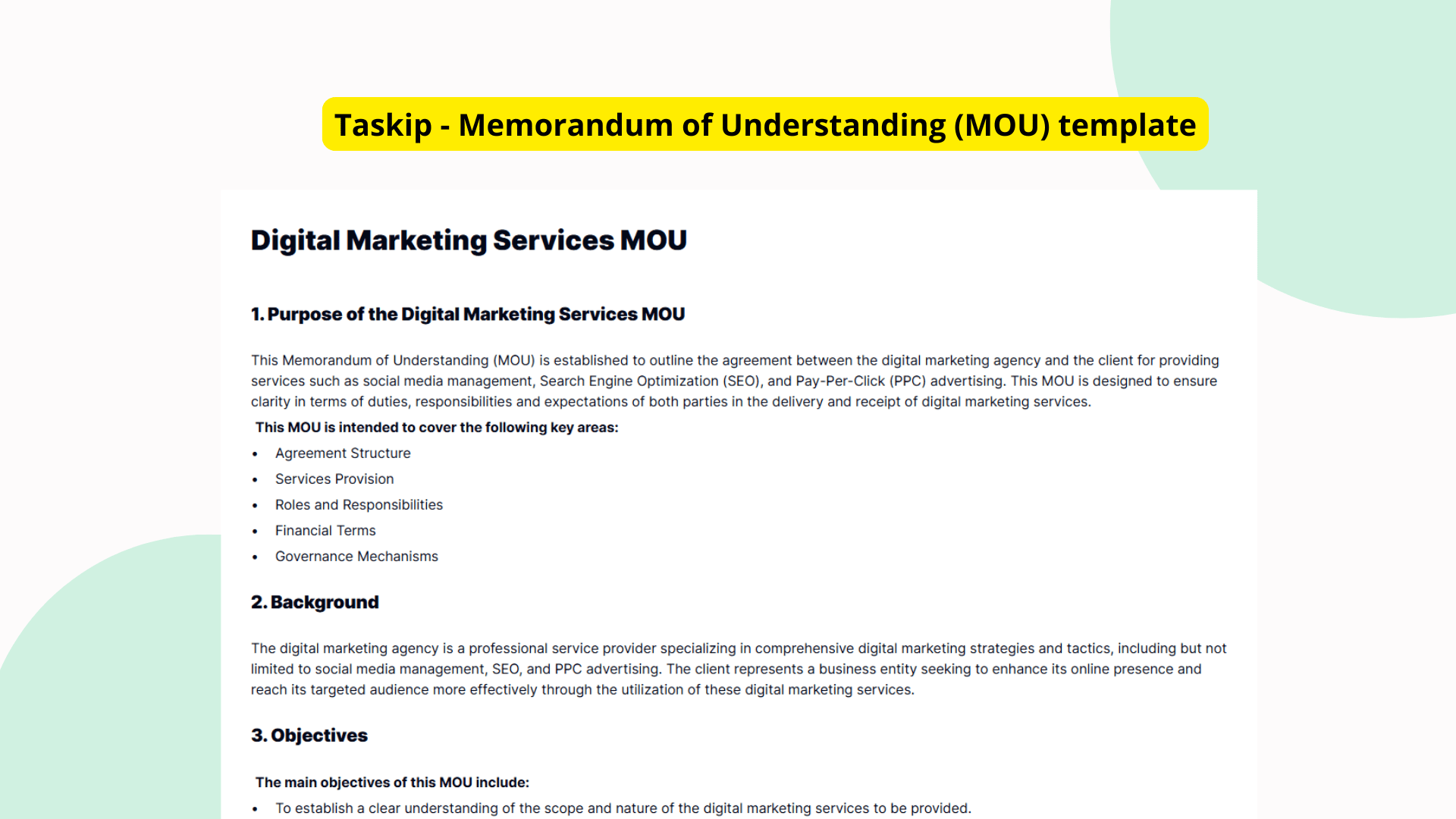 Digital Marketing Services MOU Template | Taskip