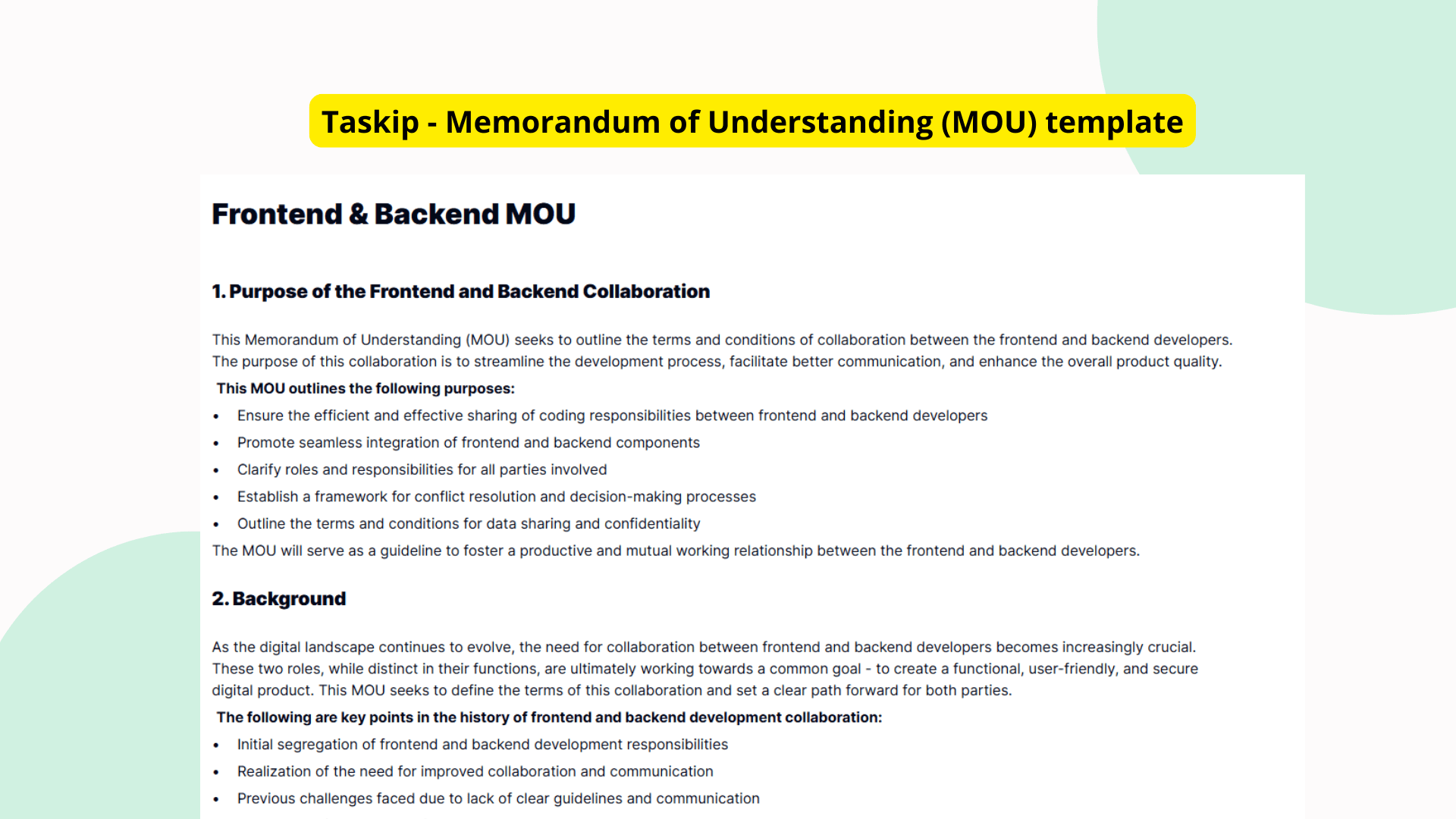 Frontend & Backend MOU Template for Team Agreements | Taskip