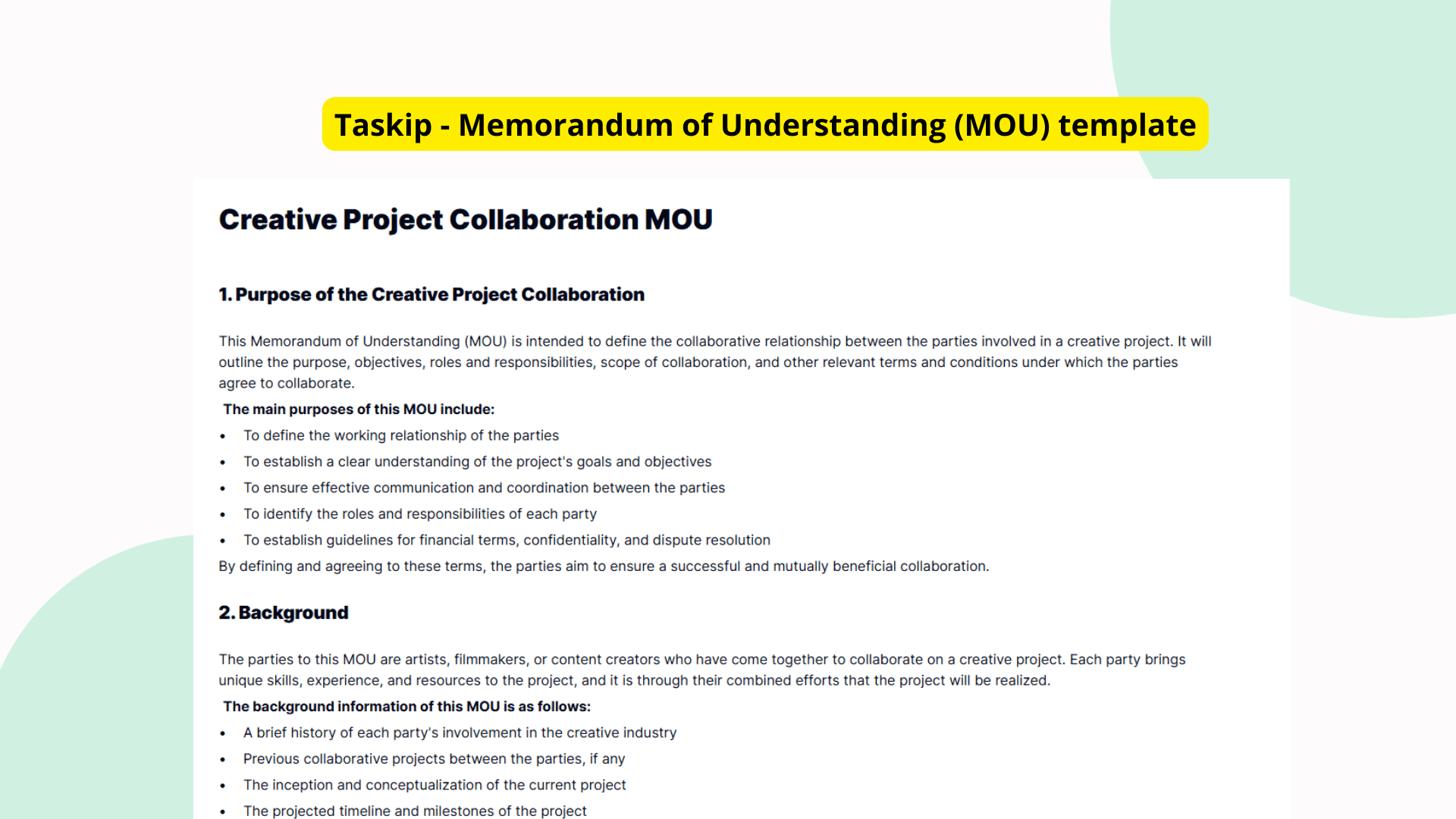 Creative Project Collaboration MOU Template | Formalize Shared Projects