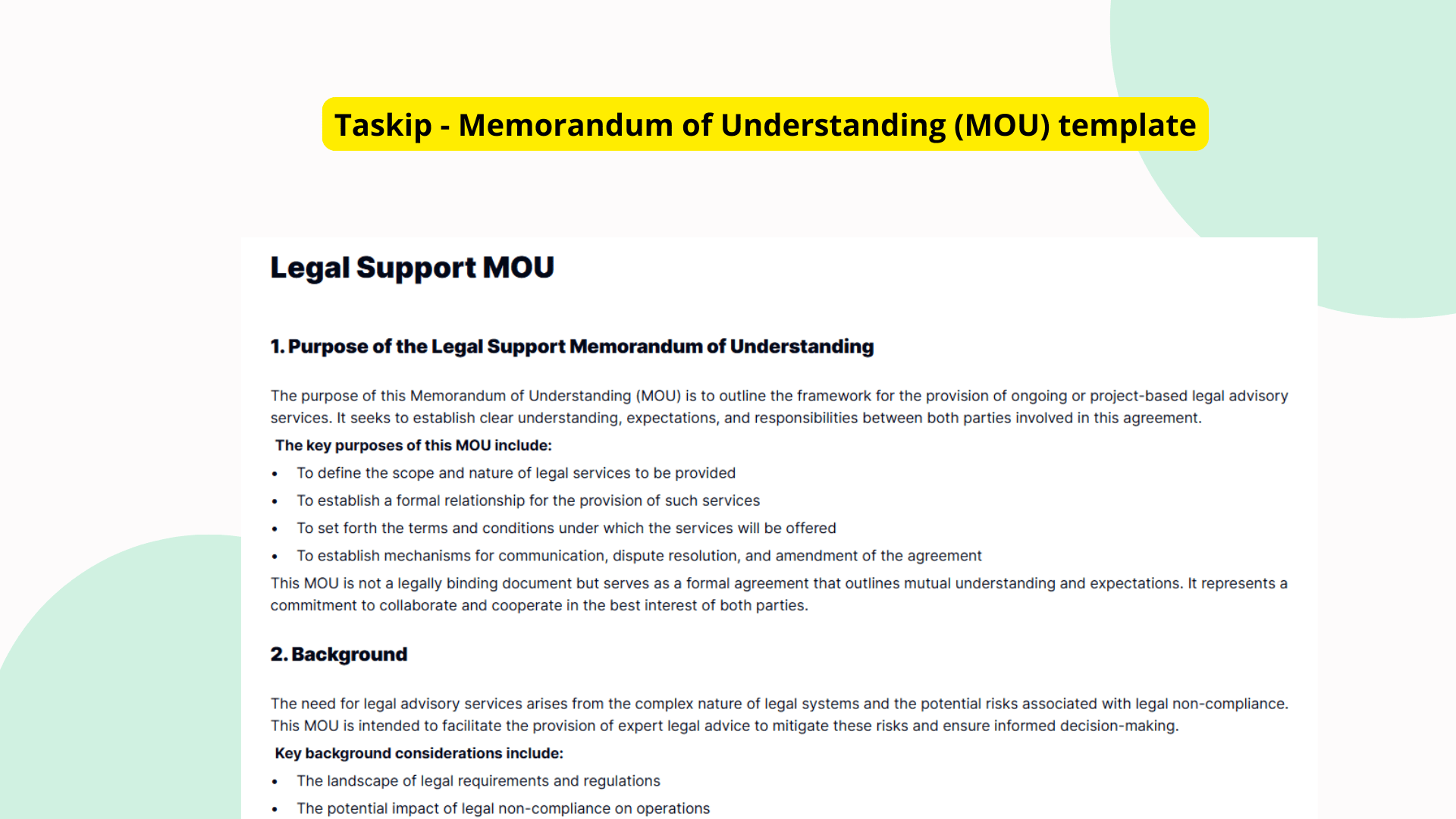 Legal Support MOU Template for Professional Agreements | Taskip