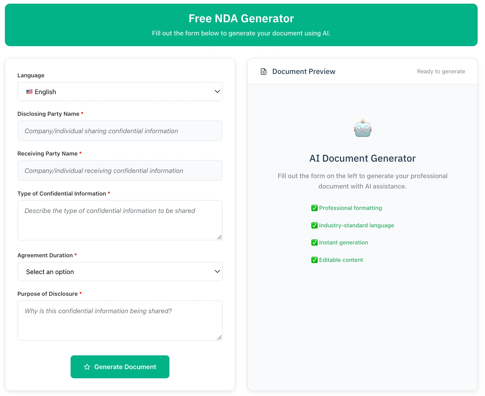 Free AI NDA Generator – Create Non-Disclosure Agreements | Taskip